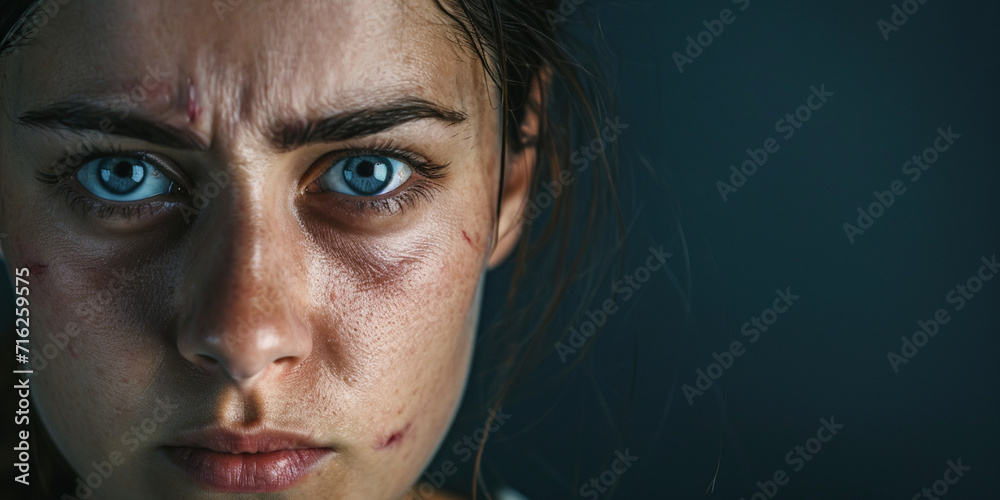 Portrait of bruised woman looking at camera. Domestic violence victim ...