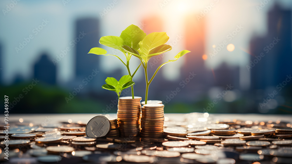 Prosperous landscape of silver coins and financial symbols It ...