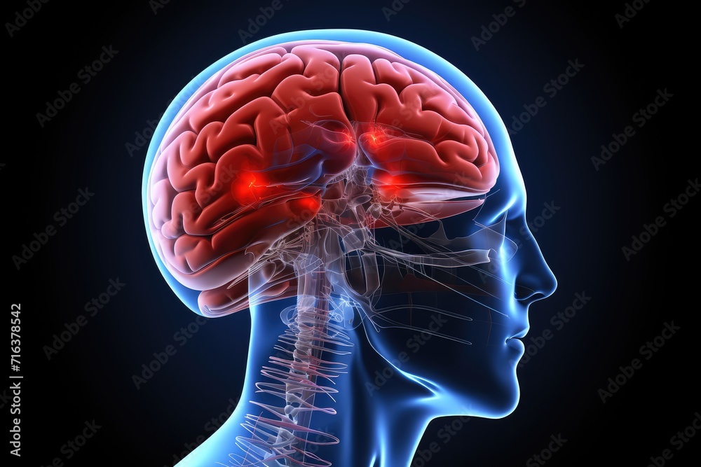 Illustration Stock Red mind axon pain, a trigger for brain distress. A ...