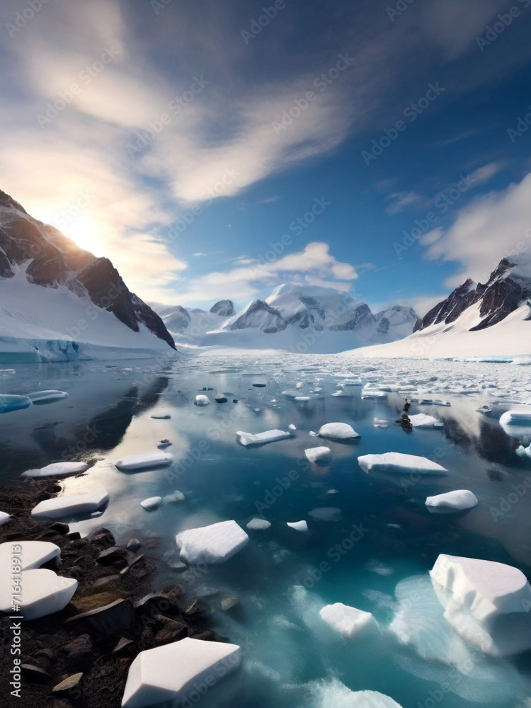 icecaps in the Antarctica with iceberg in the ocean swimming around and ...