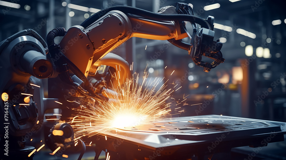 robotic welding assembly line, plasma cutting, abstract fictional ...