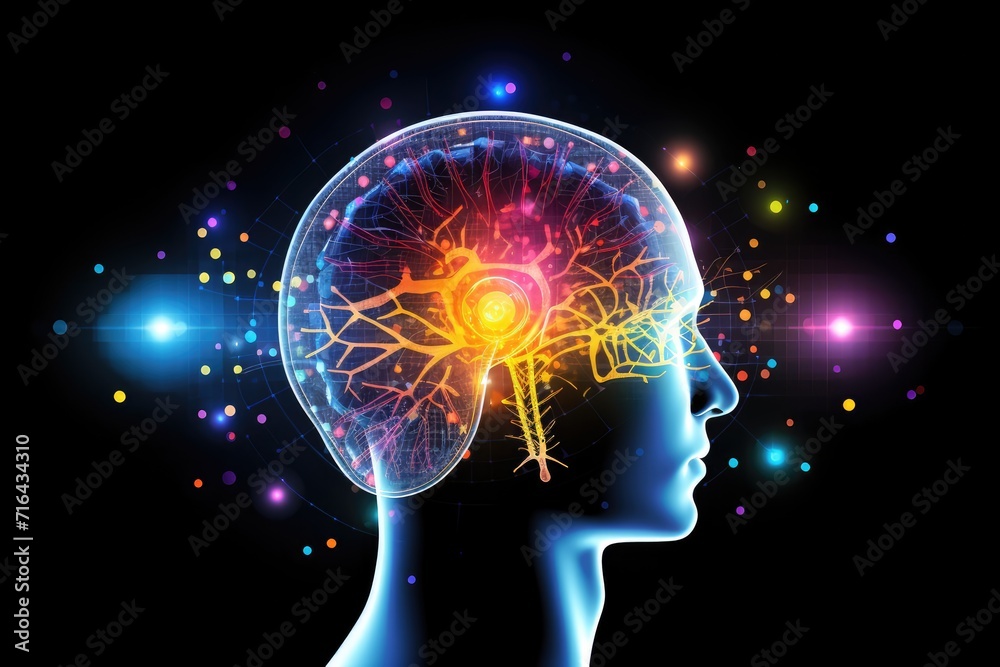 Brain, tapestry of polychromatic neurons, artistic conceptual visual ...