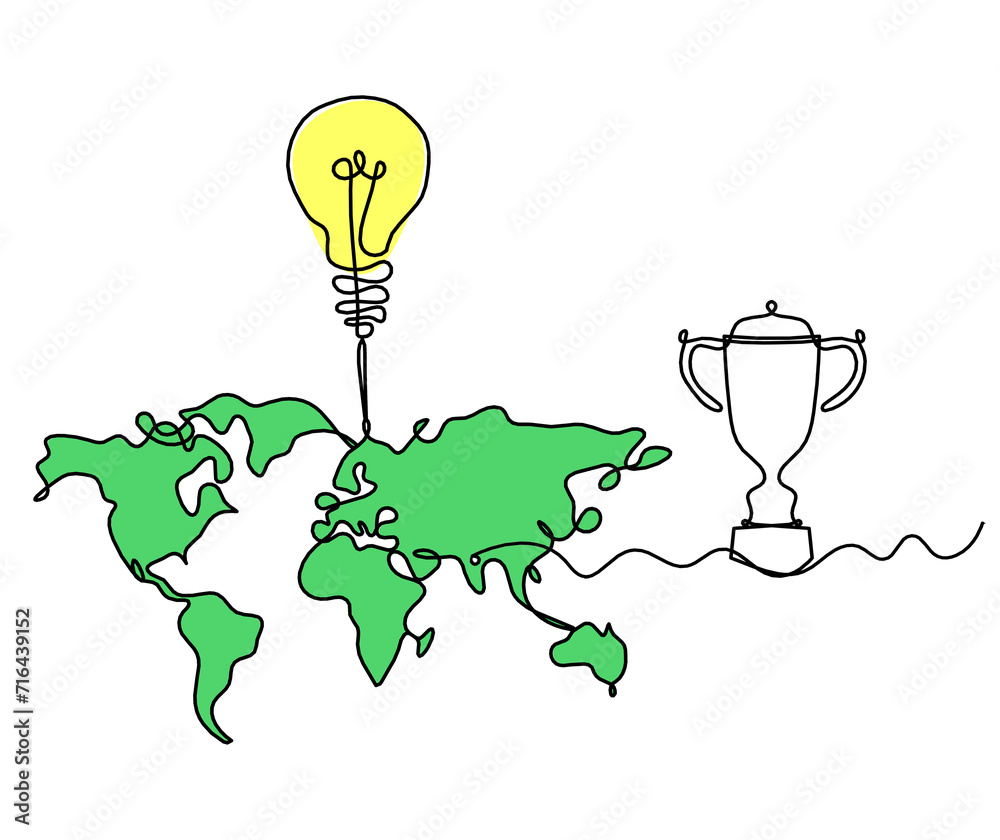 Color Map of planet Earth and light bulb with trophy as line drawing on ...