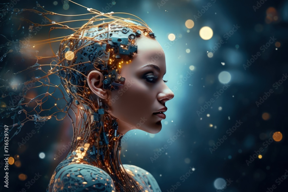 Cyborg woman with machine brains and beautiful young face side view ...