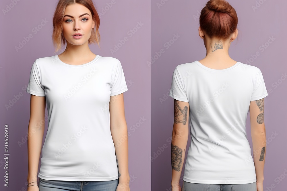 Versatile plain white t-shirt mockup with female model in photo studio ...