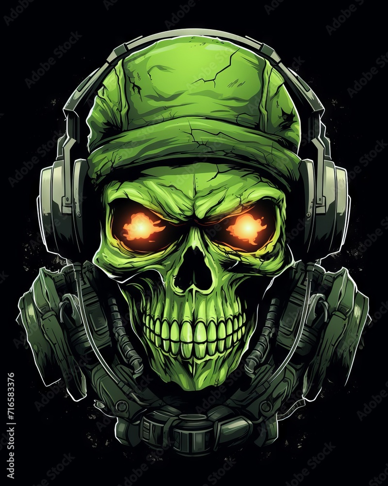 Skull with night vision goggles in tactical helmet - vintage style ...