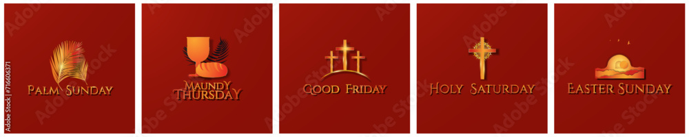 Elegant Red and Gold Holy Week Greeting Card Icons. Simple Gold Symbols ...