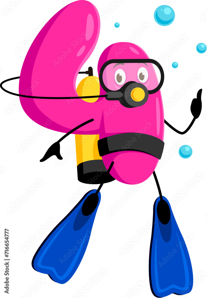 Cartoon cheerful math number four adventurous diver character explores ...