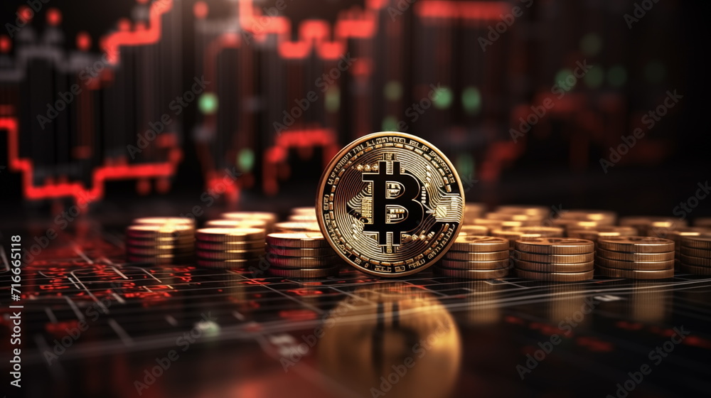 3D gold Bitcoin on price candlestick chart background. Market crash ...