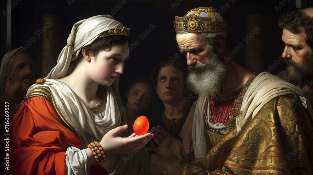 Illustration Stock Saint Mary Magdalene holds a red egg in the palace ...