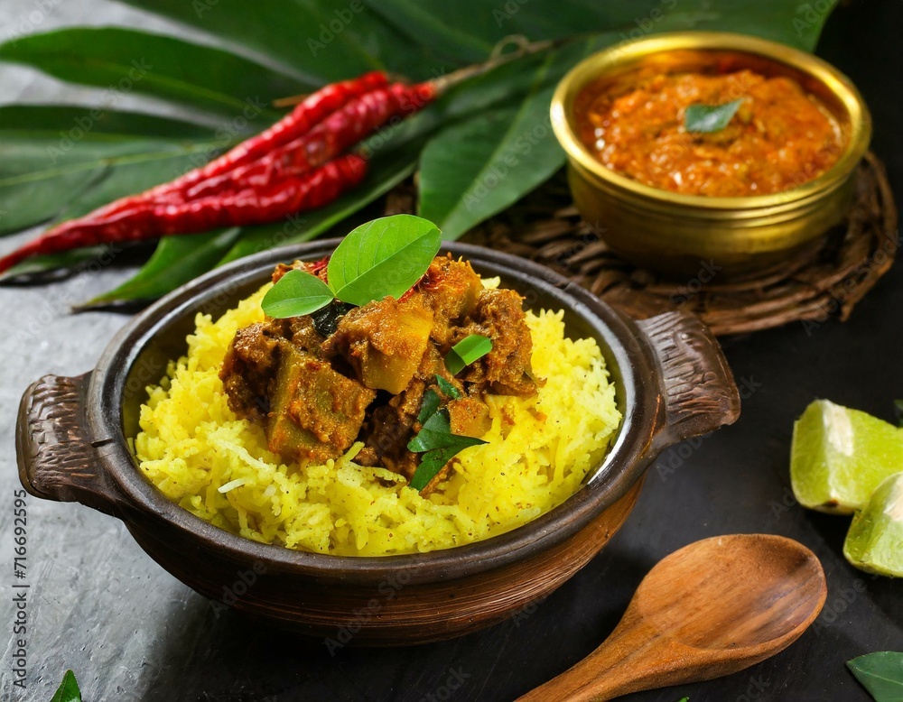 Illustration Stock Kappa Biryani Cooked tapioca and spicy meat curry ...