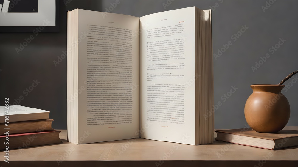 An open book stands on a table with books against a gray wall ...