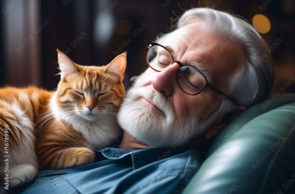 Old man asleep with his sleeping red cat on his breast on couch at home ...