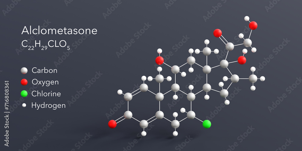 alclometasone molecule 3d rendering, flat molecular structure with ...