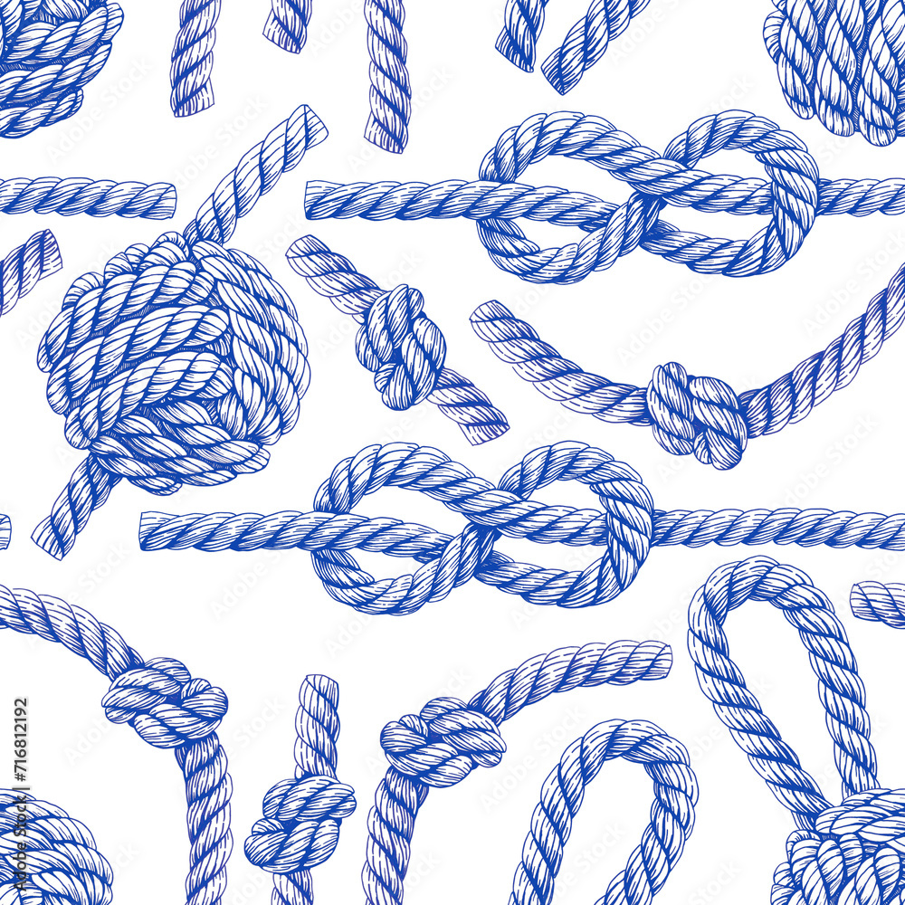 Seamless pattern of knotted ropes cord monkey fist knot. Cords eight ...