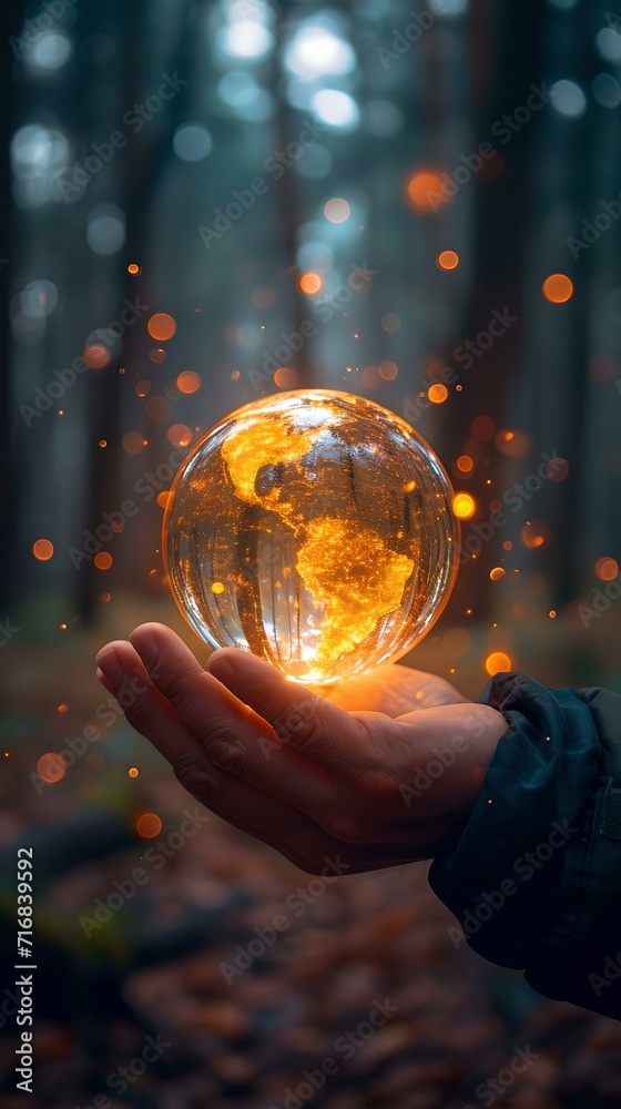 Magical orb glowing in hand amidst a forest setting. mysterious energy ...