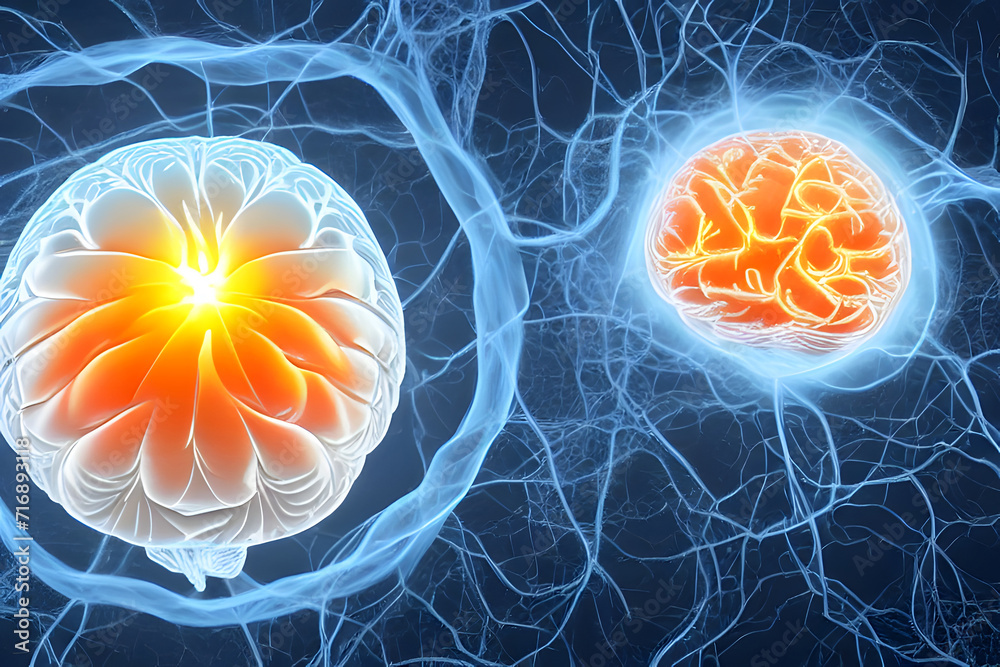 Illustration of a realistic close-up of the human brain showing firing ...