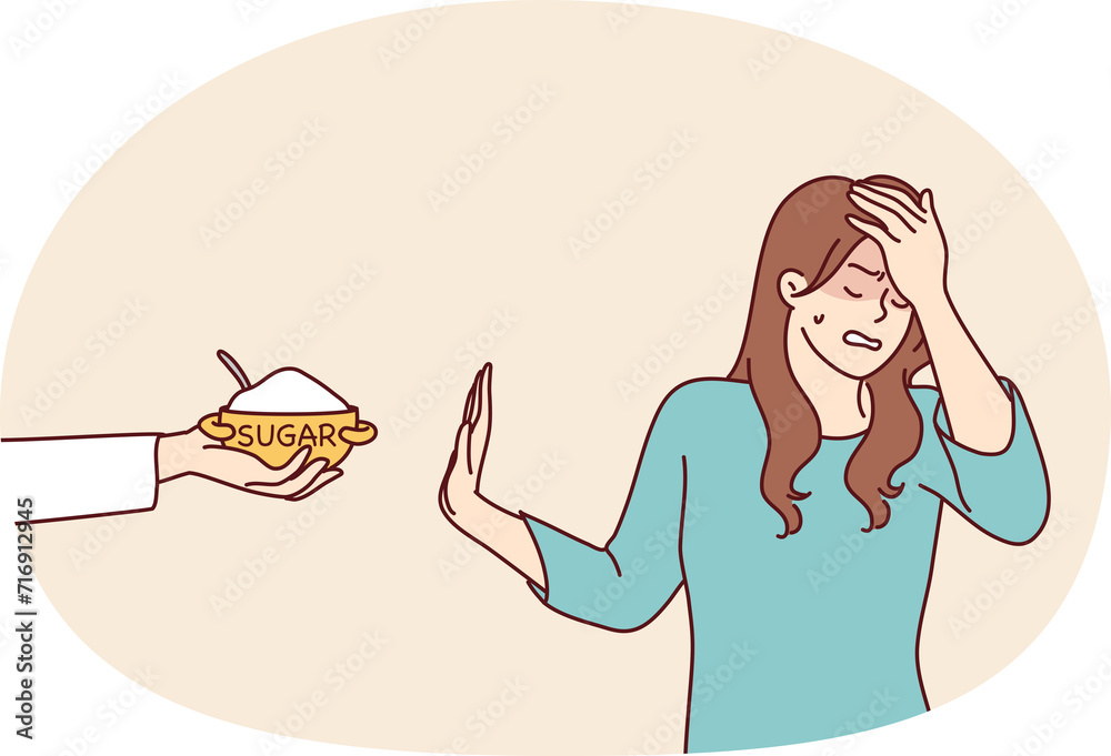 Embarrassed woman makes stop gesture rejecting proposed sugar that can ...