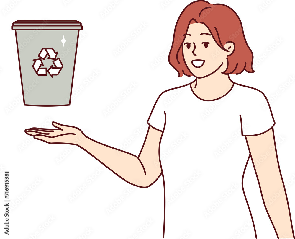 Woman displays trash can with recycling symbol and calls for sorting ...