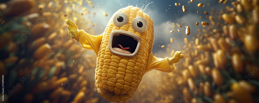 Fancy corn cob character with eyes and mouth smilling, flying in space ...