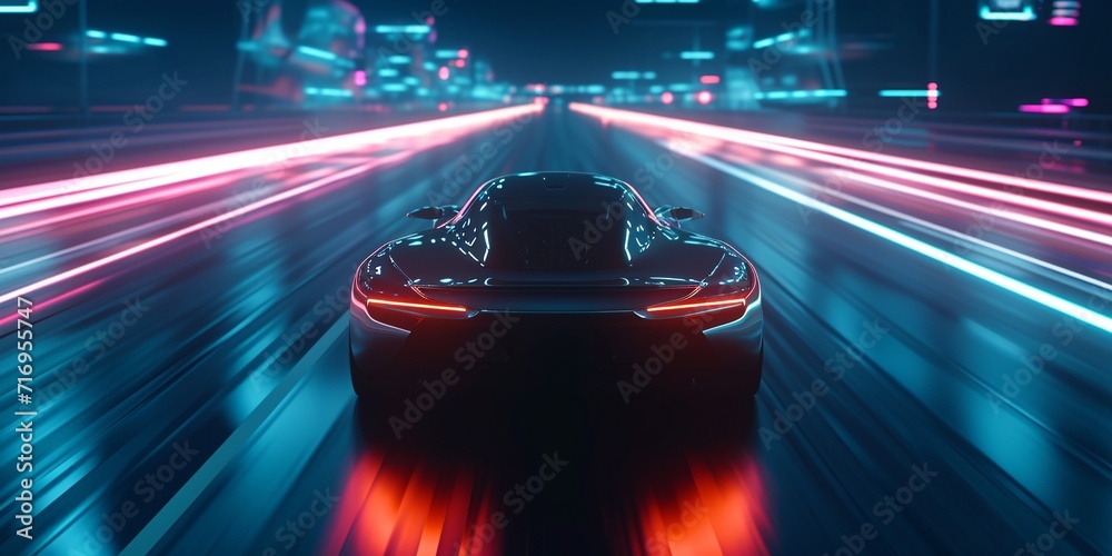 Futuristic EV car with motion lighting on highway with full self ...