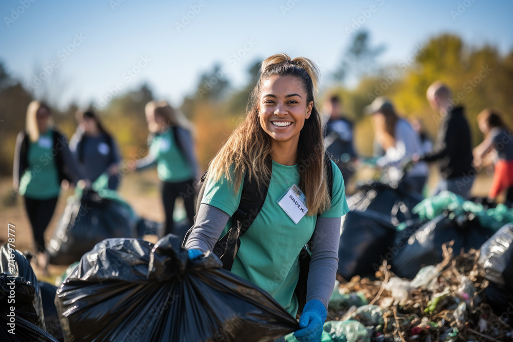 A dynamic scene of volunteers participating in a community recycling ...