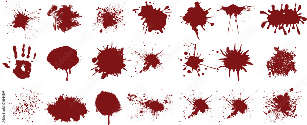 Blood splatter vector set, realistic red stains, drops, handprint ...