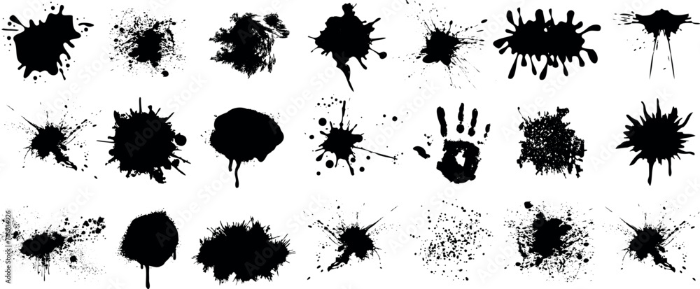 Ink splatter, paint splatter vector set, black paint splashes on white ...
