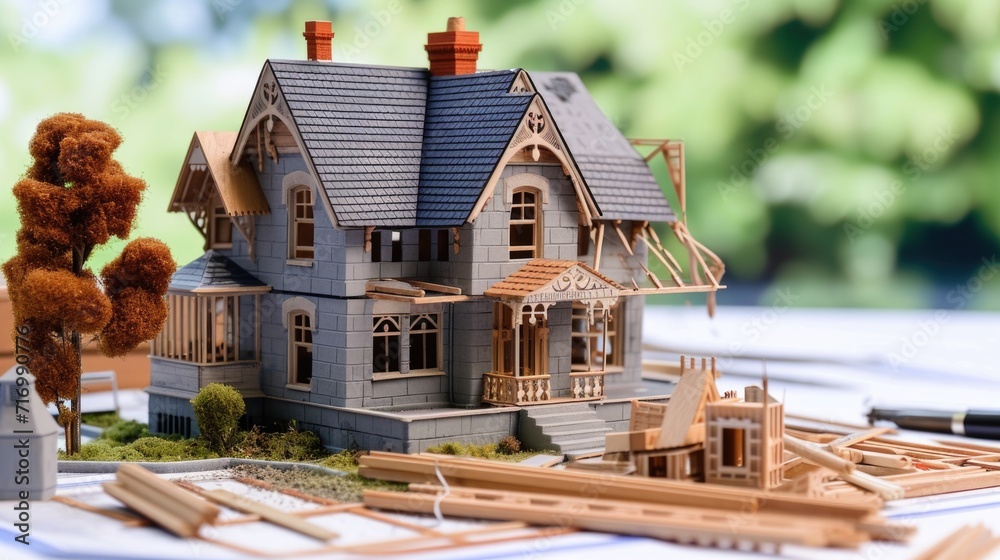 Photo Stock Scaled replica house with digital schematics, redesign ...
