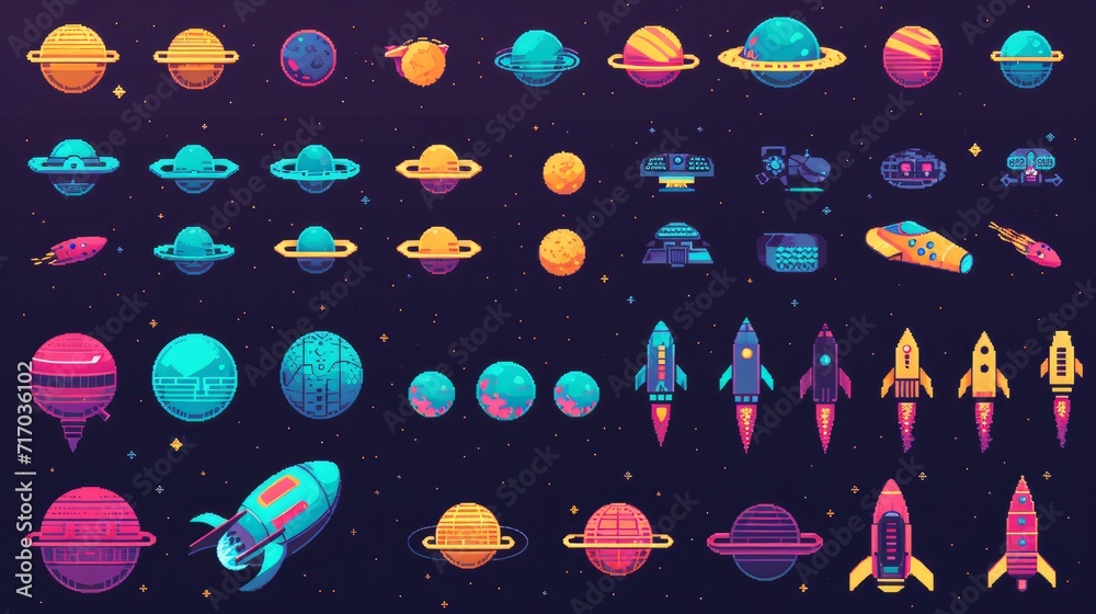 Stock-Illustration „Space Arcade game interface elements with Pixel Art icons, Planets, Ufo ...