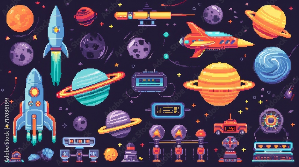 Stock-Illustration „Space Arcade game interface elements with Pixel Art icons, Planets, Ufo ...