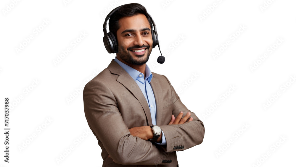 Portrait of a happy indian call center man arms crossed isolated on a ...