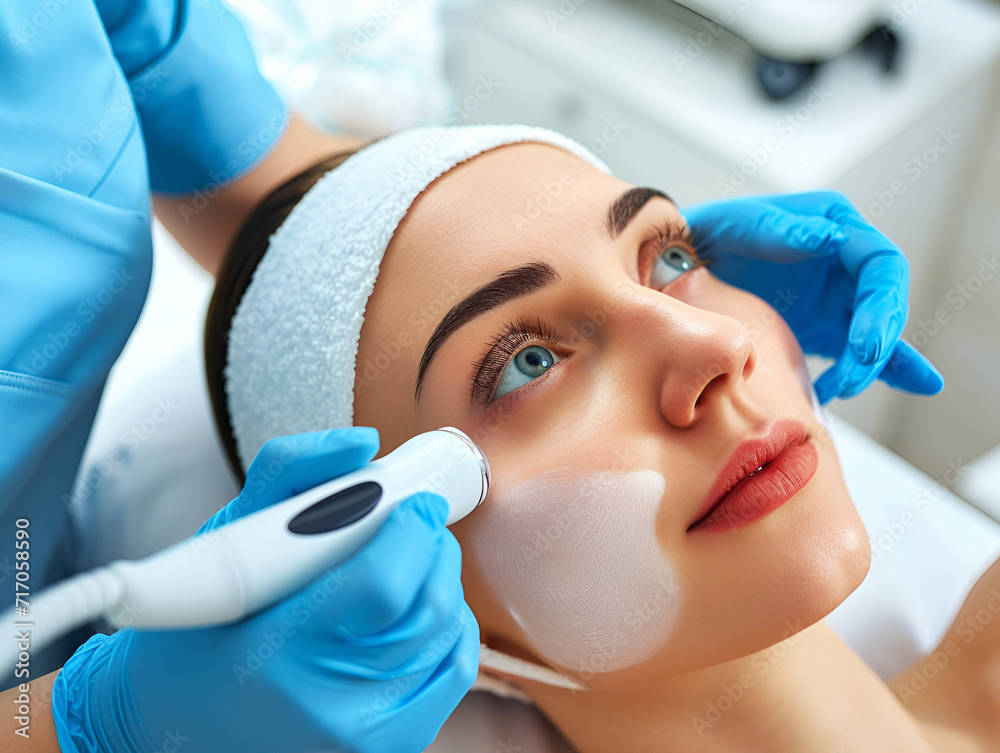 Ultrasonic facial treatment ultrasound face machine. Woman receiving ...