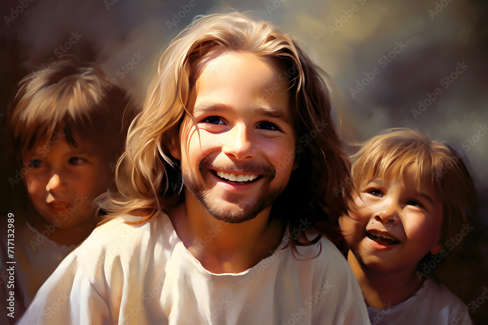Realistic painting of Jesus smiling, Let the little children come to me ...