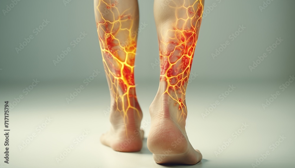 Backview of sick deseased varicose legs with veins in fire and neutral ...
