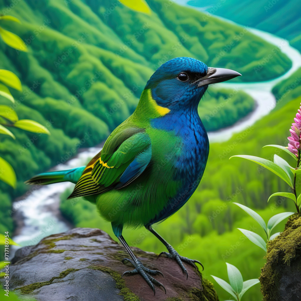 Pájaro azul verde y amarillo posado sobre una roca junto a una flor en ...