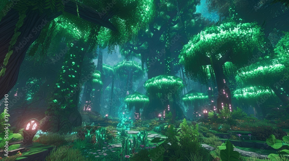 Lush, vibrant forest with towering emerald trees, dense foliage, and ...