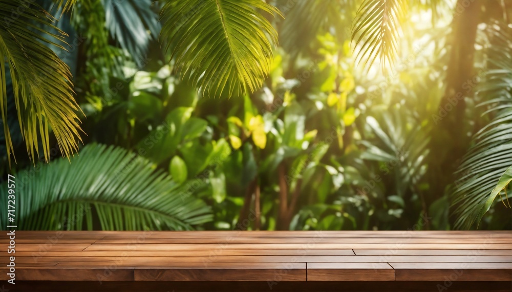 Wooden tabletop at tropical paper texture wall,template mock up for ...