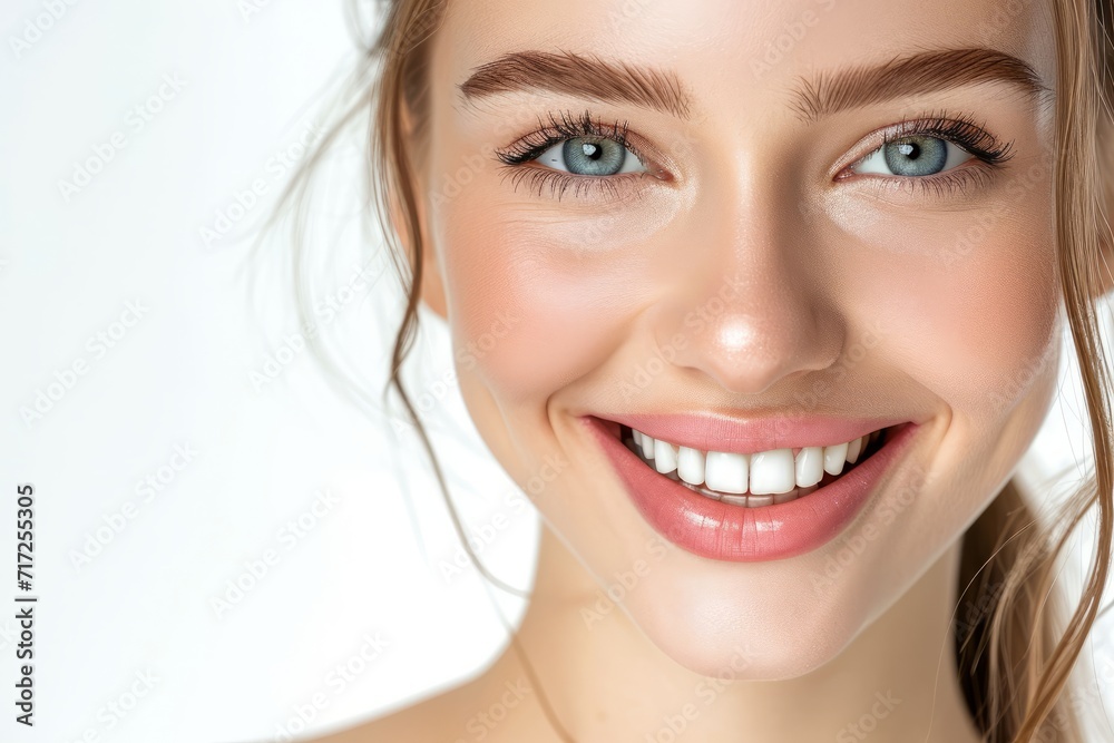 Stock-Foto „Zahnmodel mit strahlendem Lächeln und perfekten Zähnen. Hübsche Frau für Werbung ...