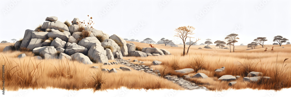 Savanna Serenity: Isolated Rocks Amidst Fading Grass, a Panoramic ...