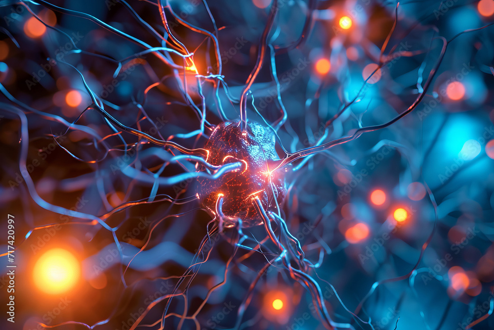 This image is a visual simulation of a neuron and its synaptic ...
