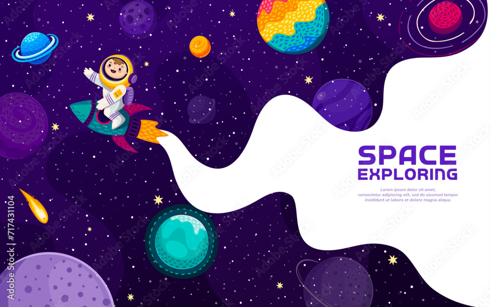 Cartoon kid astronaut on rocket in galaxy space with planets in starry ...