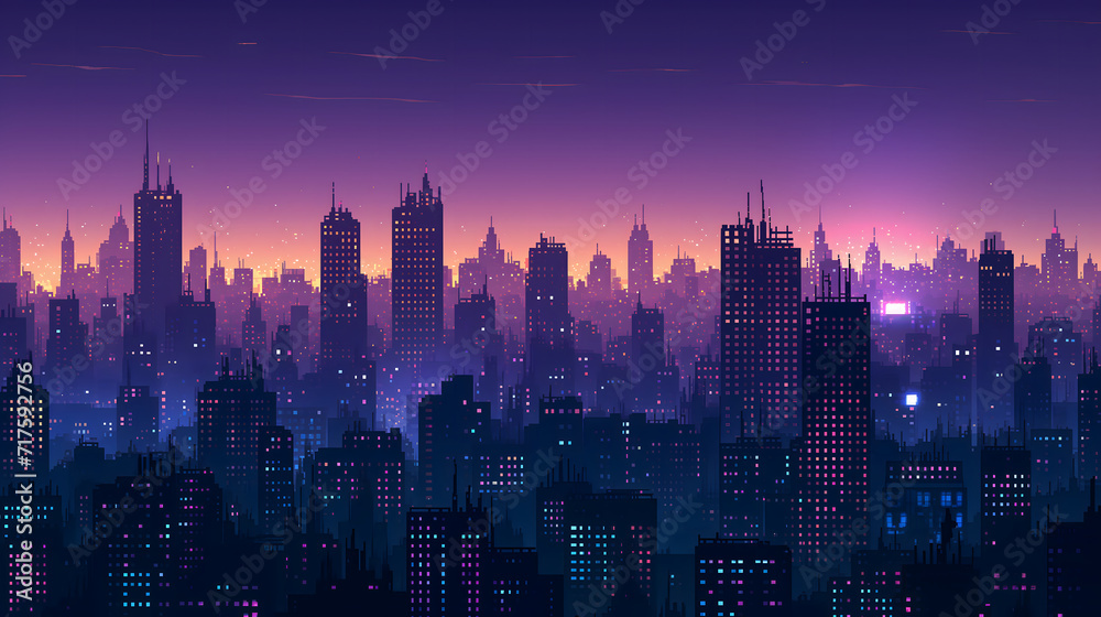 city skyline at night, sunset over city landscape in pixel art style ...