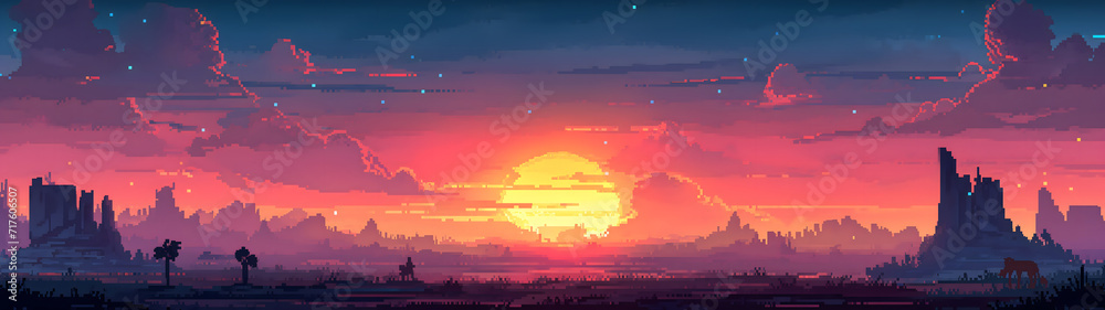 sunset on savanna and hills, pixel art background, rpg game background ...