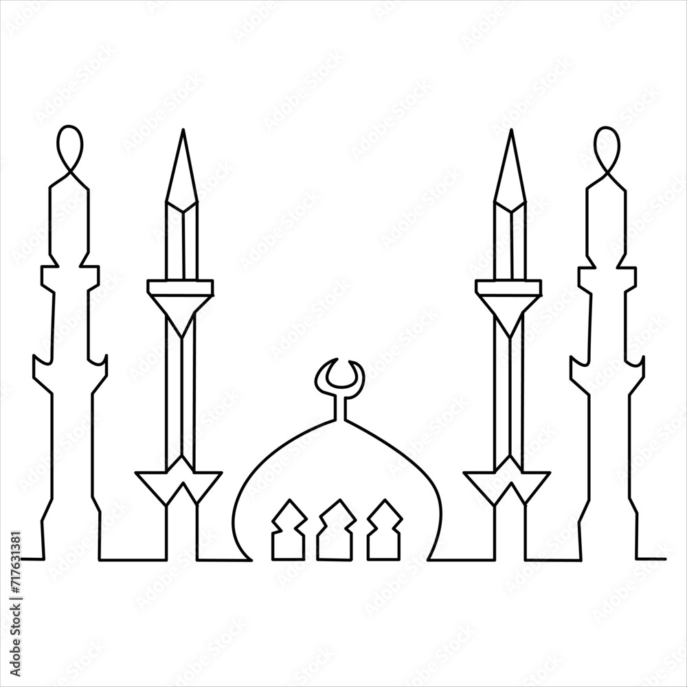 Continuous one line drawing of mosque line art drawing vector ...