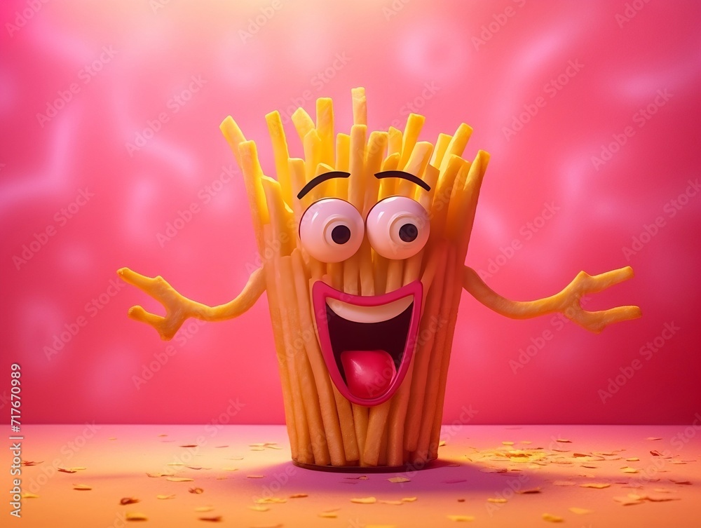 French fries cartoon character with very bright eyes on the pink ...