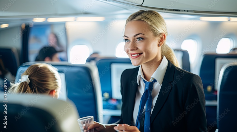 Professional female flight attendant in uniform smiling as she serves a ...