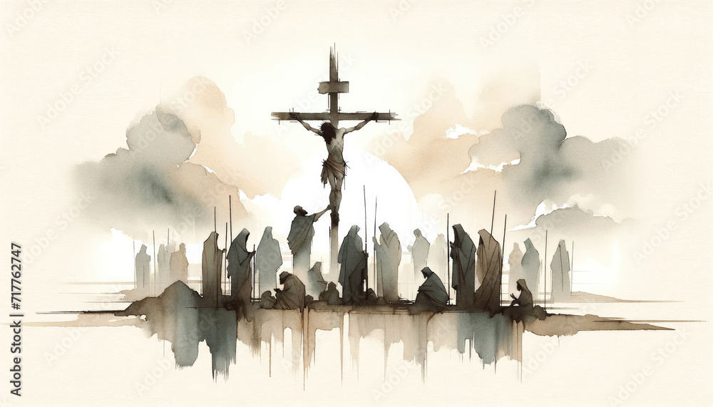 Jesus dies on the Cross. The Crucifixion and Death of Jesus. Digital watercolor painting. Stock ...