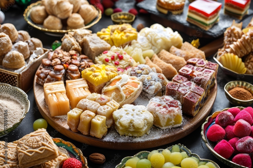 Ramadan food made from assorted middle eastern sweets maamoul, basbousa ...