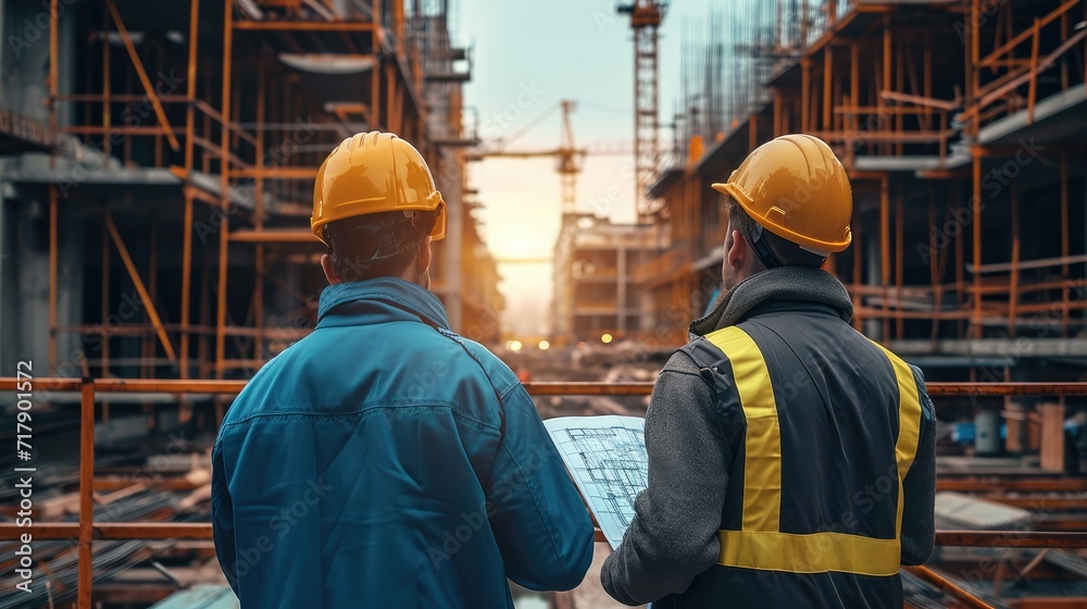 Civil engineers wearing hard hats and holding blueprints stand on the ...